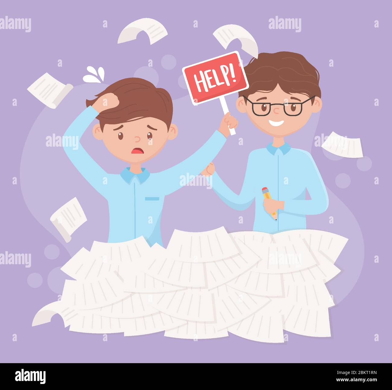 stress at work, stressed employee with stacked papers and help sign ...