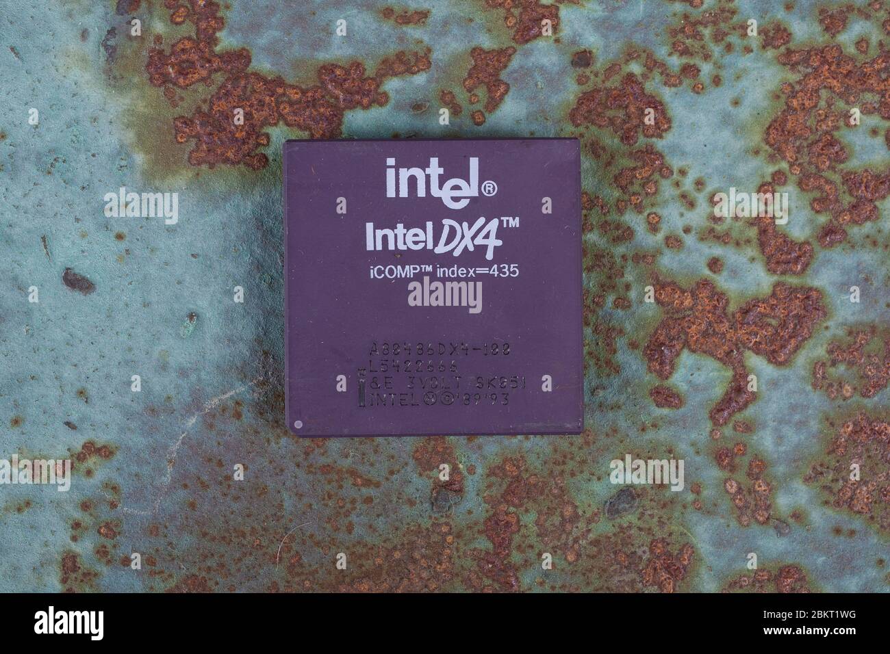 KYIV, UKRAINE - April 22, 2020. Intel 486DX4 processor on rusty ...