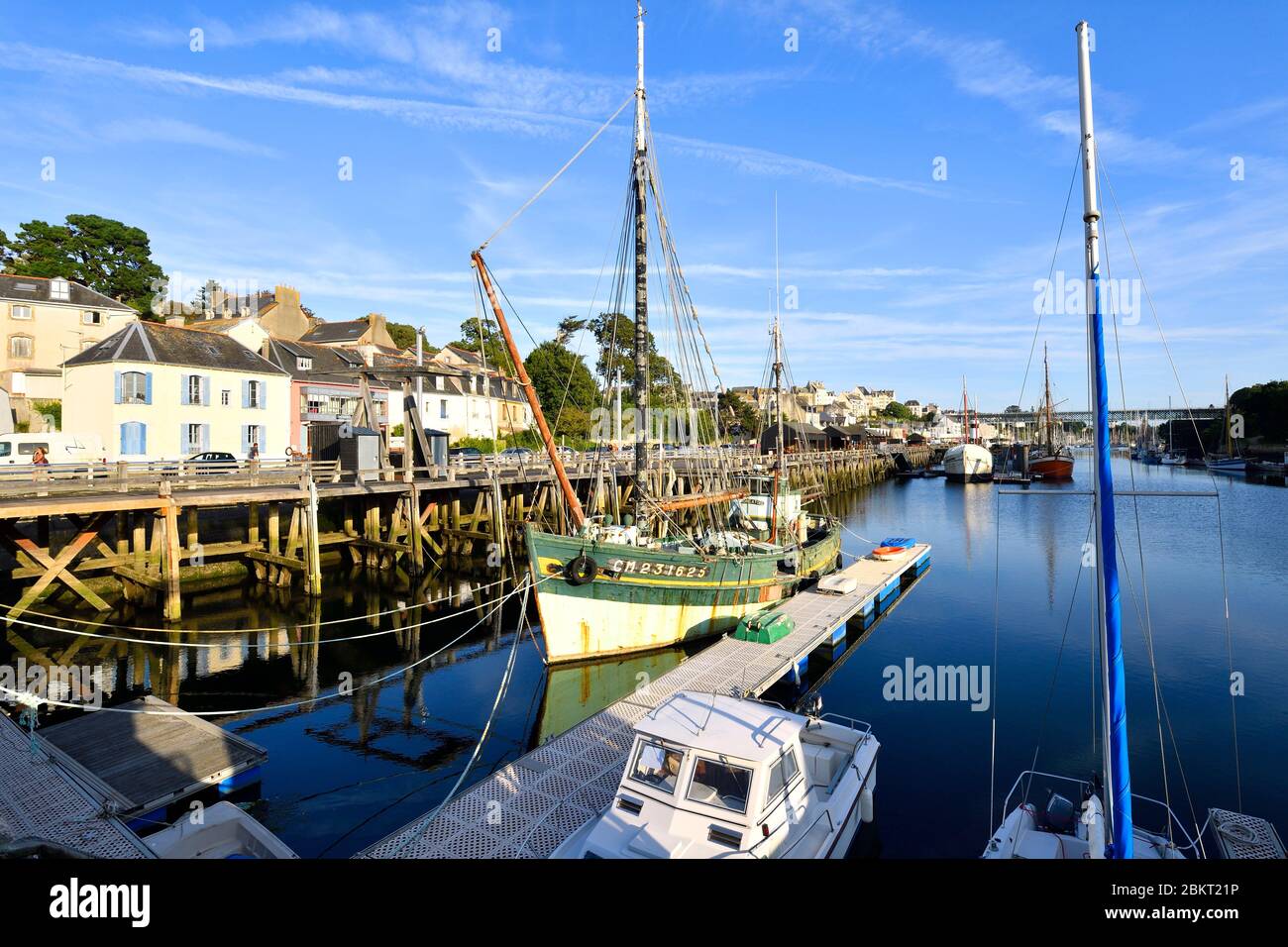 France, Finistere, Douarnenez, the docks of Port Rhu and ships in the ...