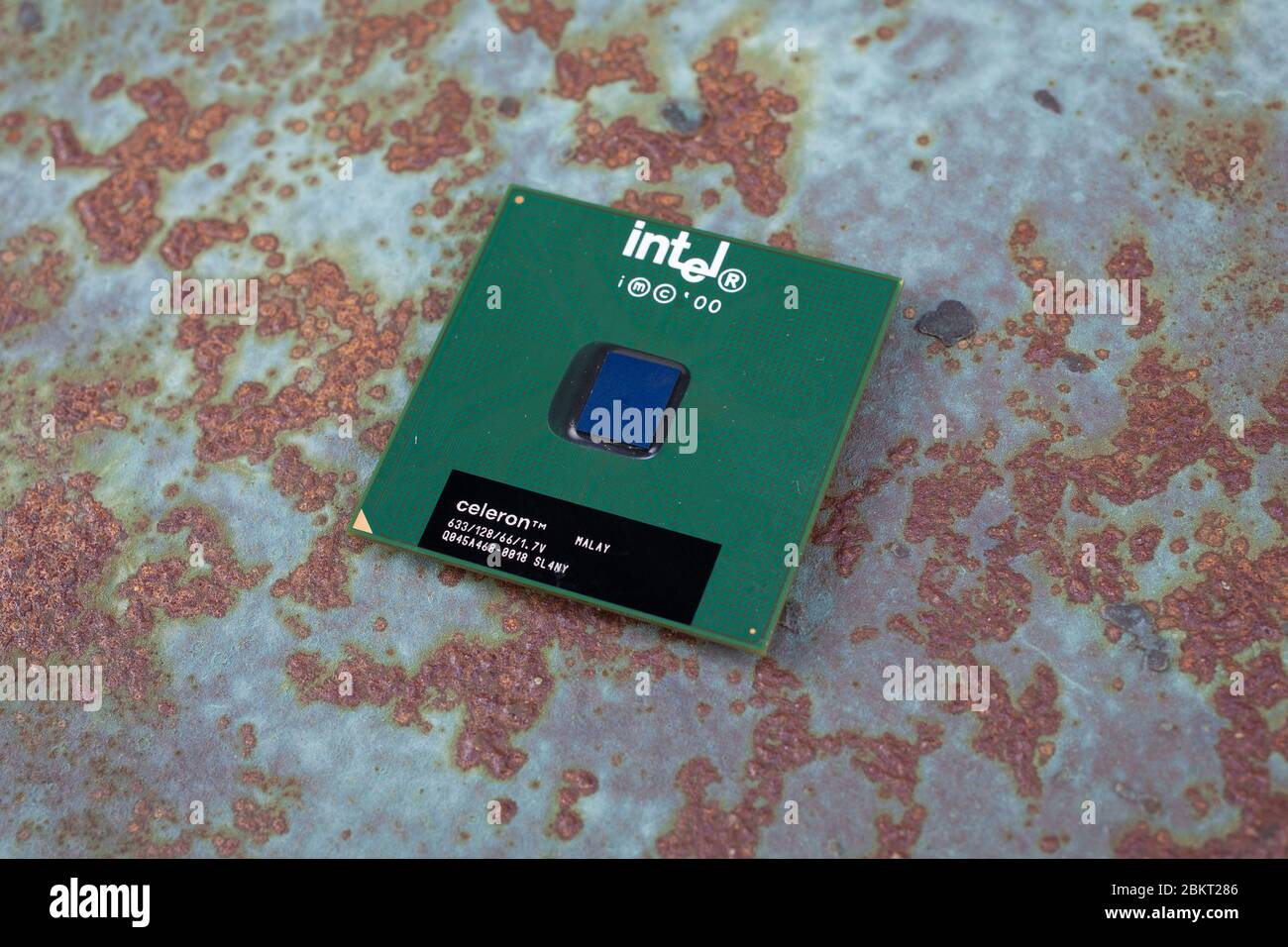 KYIV, UKRAINE - April 22, 2020. Intel Celeron 633 MHz processor unit on ...