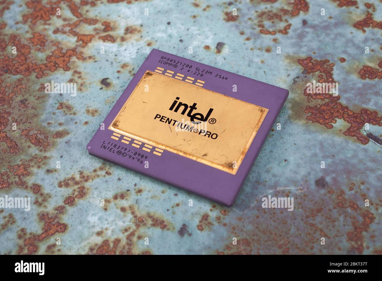 KYIV, UKRAINE - April 22, 2020. Intel Pentium Pro processor on rusty ...