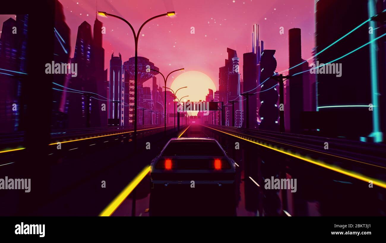 Cyberpunk sunset landscape with a car on a highway road in futuristic ...