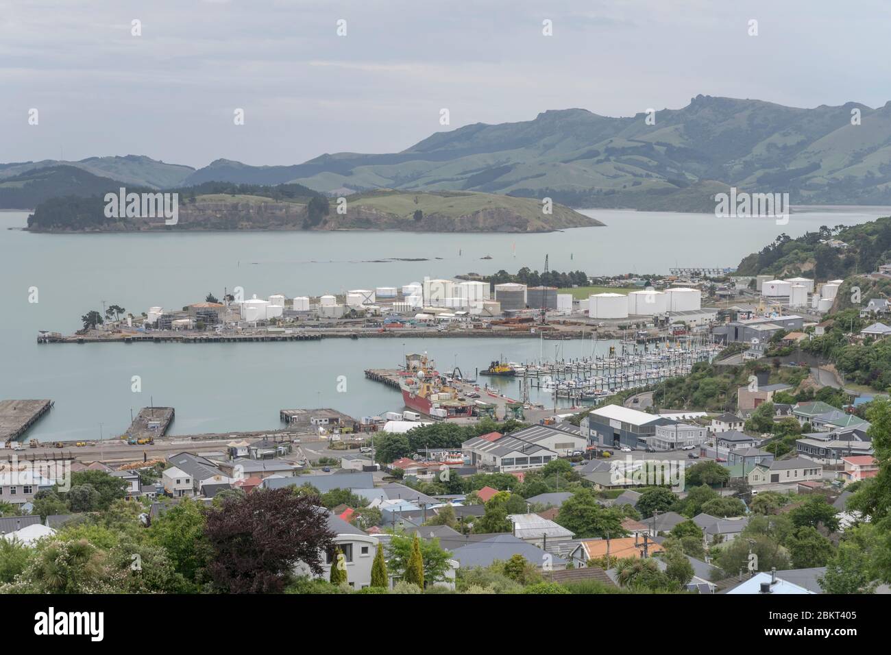 LYTTLETON, NEW ZEALAND - December 02 2019: aerial cityscape with tank ...