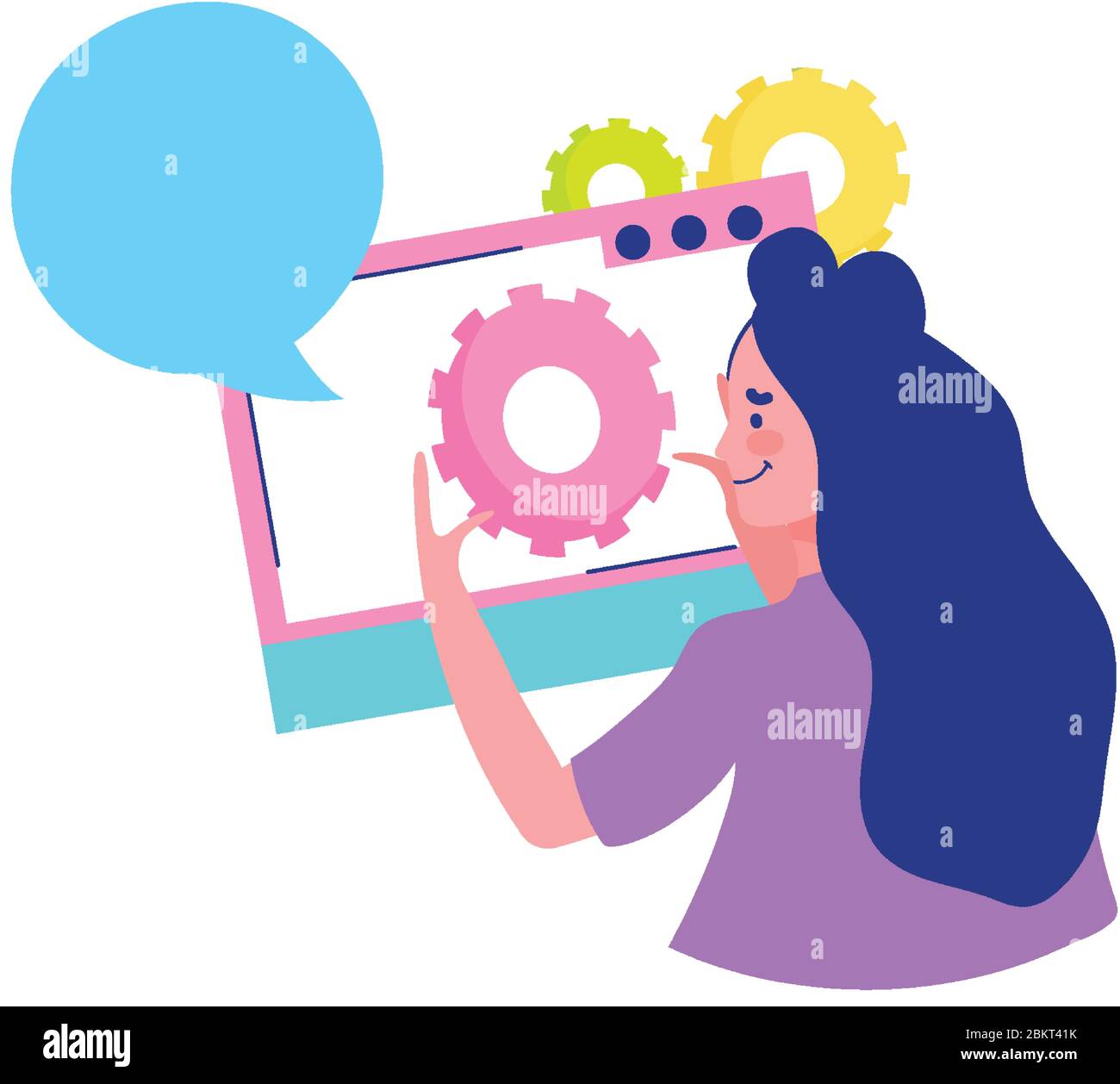 young woman working digital web network connection vector illustration ...