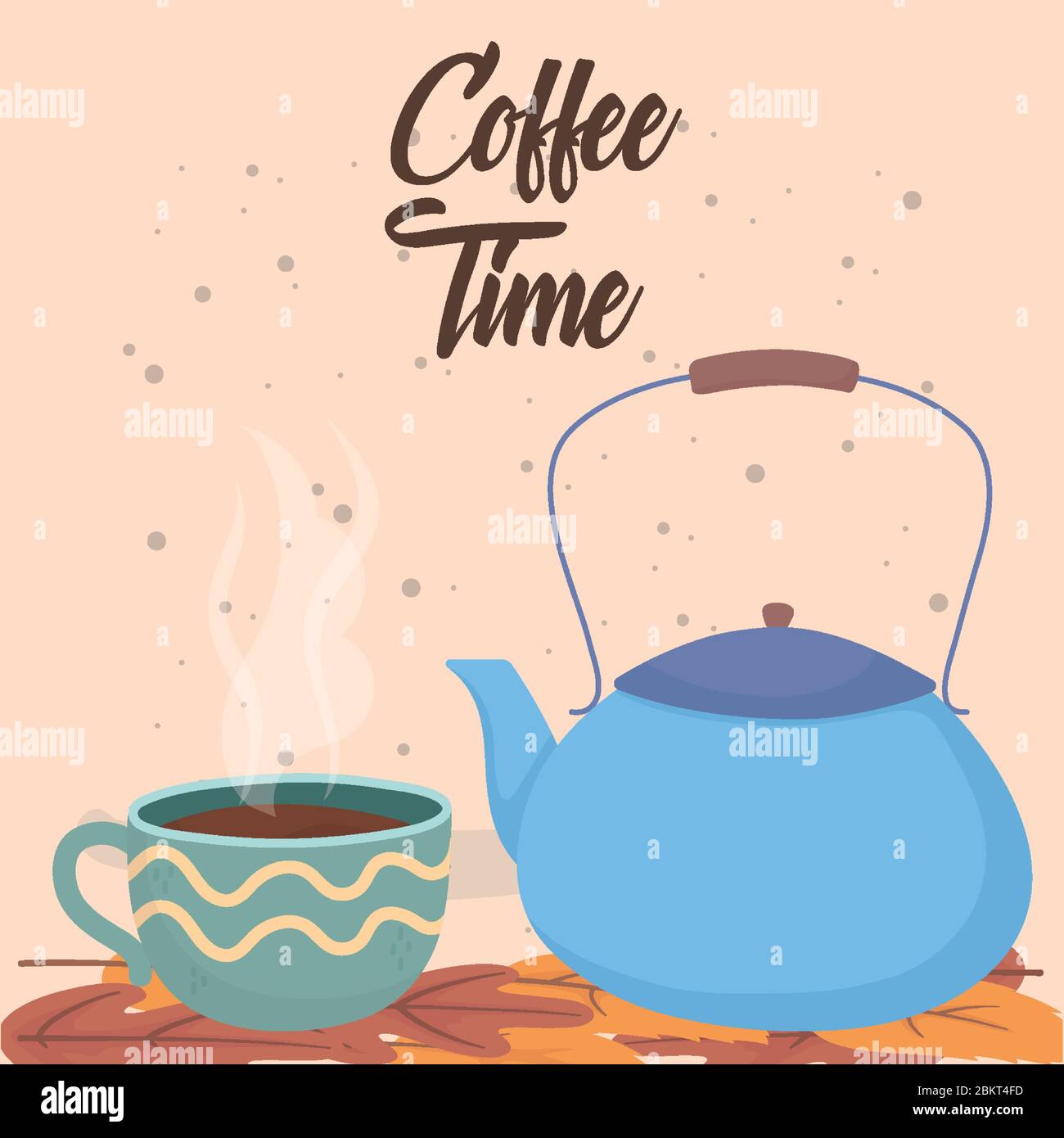 coffee time, cups and kettle on leaves fresh aroma beverage vector ...