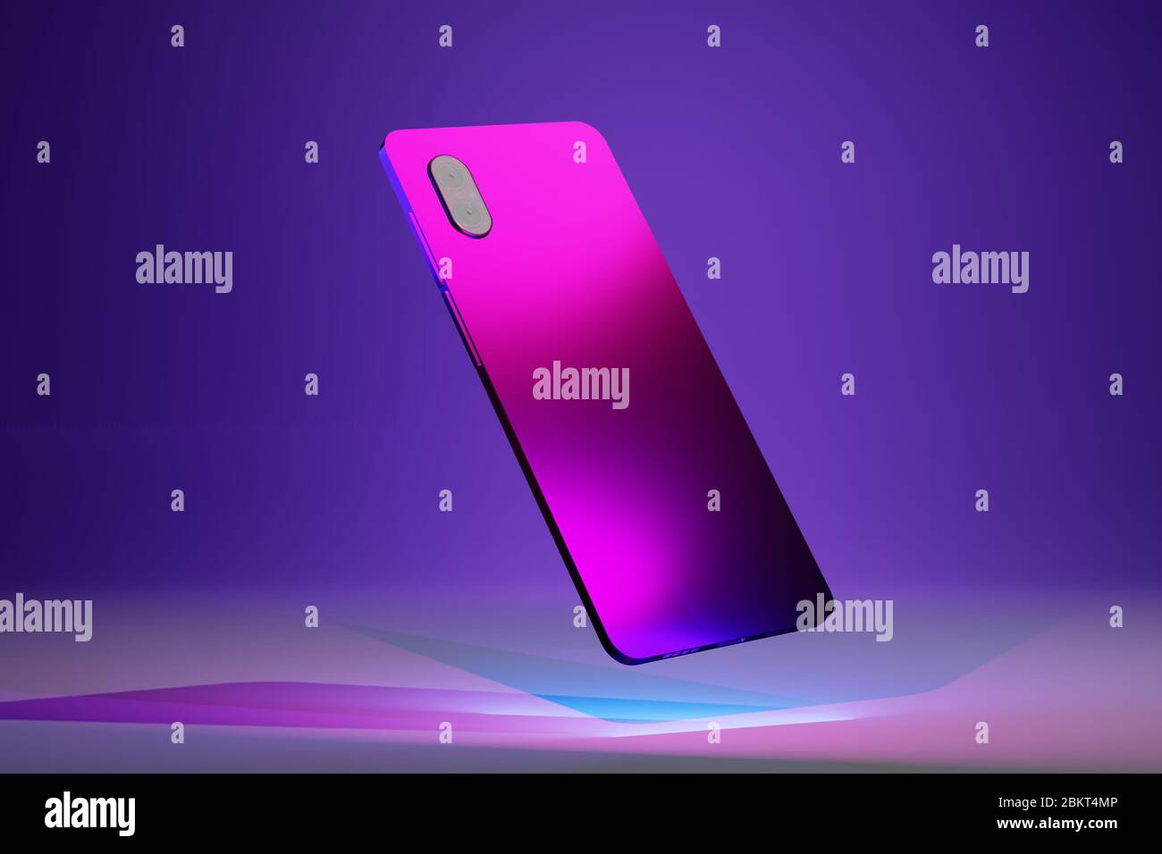 mobile phone back view with two cameras on blue, pink and purple lights ...