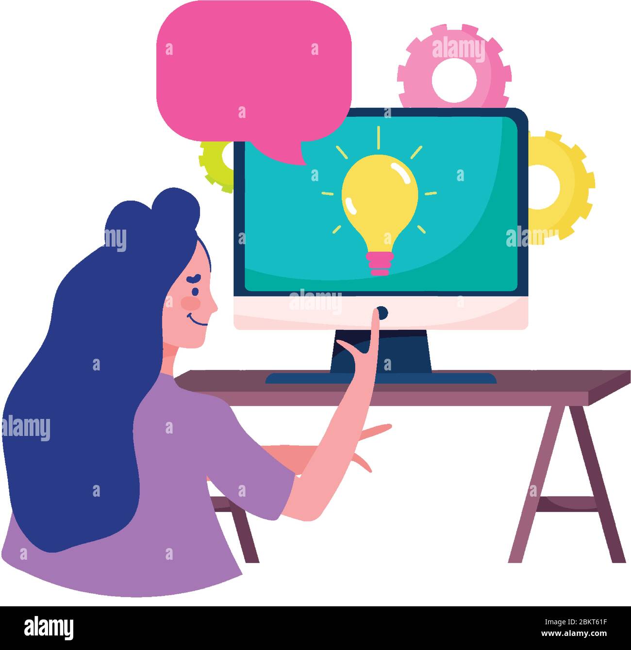 education online, teacher with computer on desk speech bubble vector ...