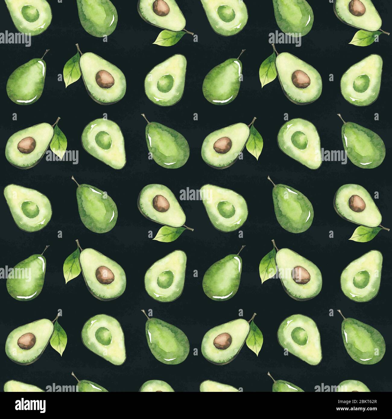 Avocado seamless pattern on a dark background painted by watercolor ...