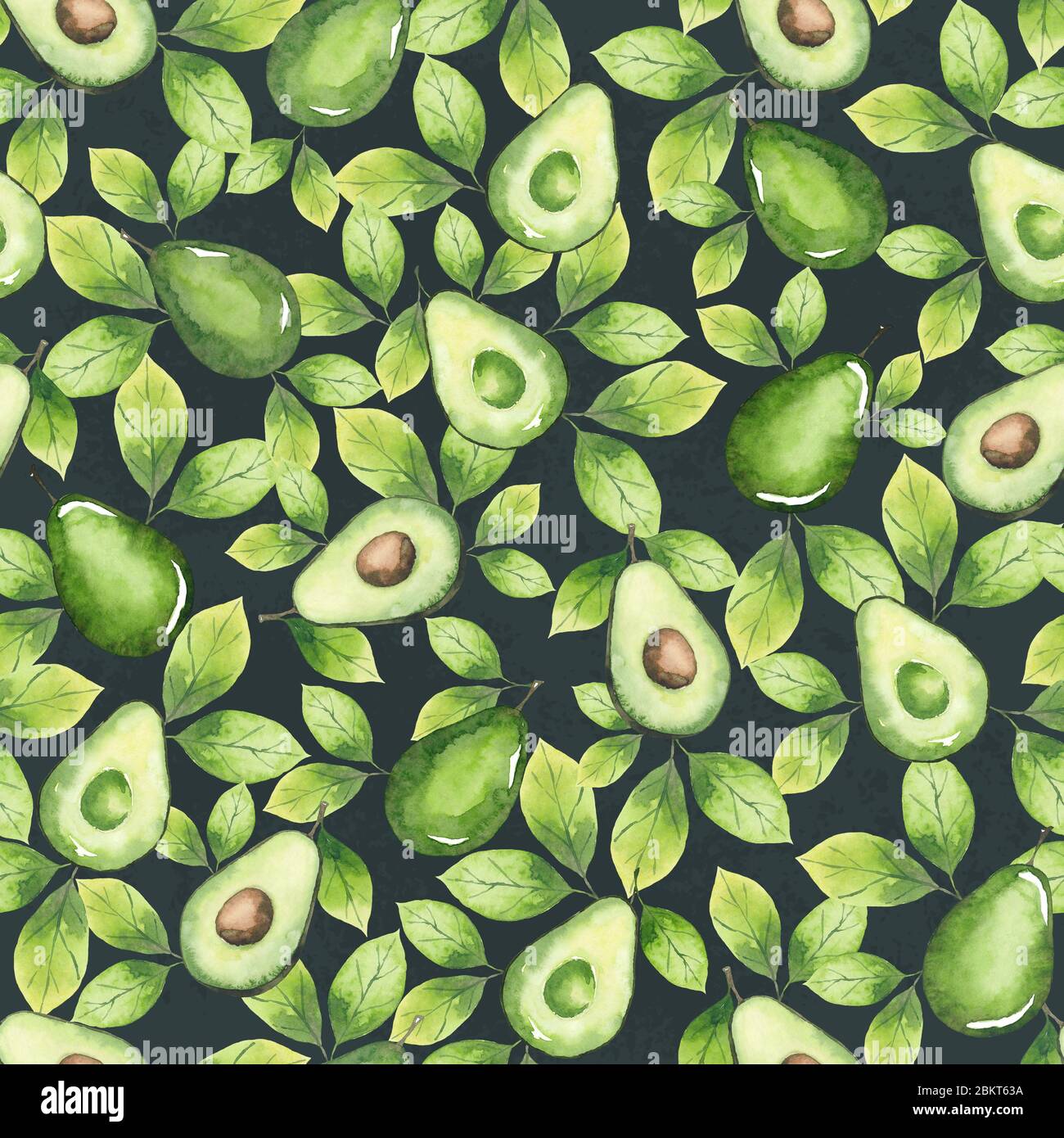 Avocado seamless pattern on a dark background painted by watercolor ...