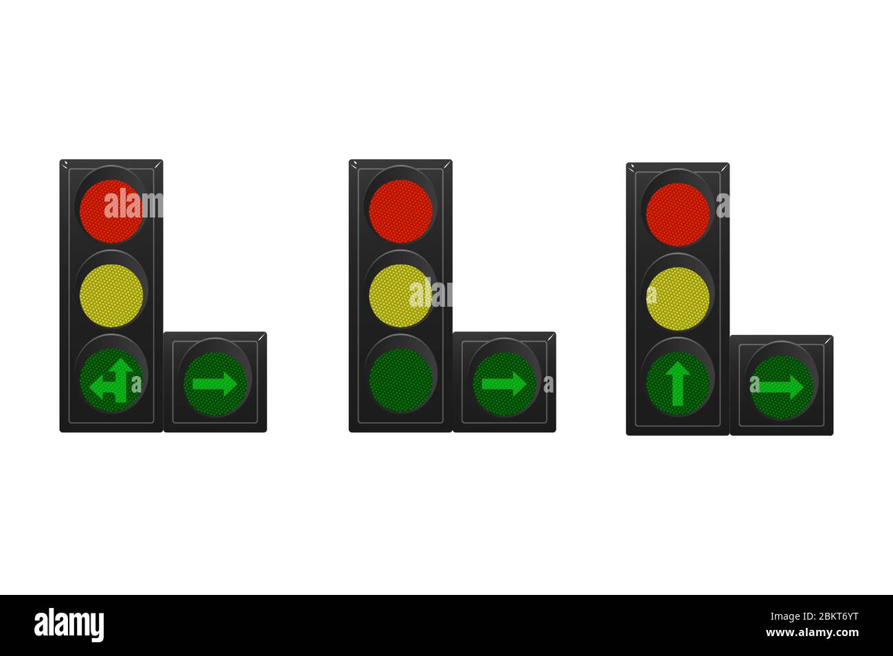 Set of traffic lights. Red, yellow and green. Arrow straight, turn ...