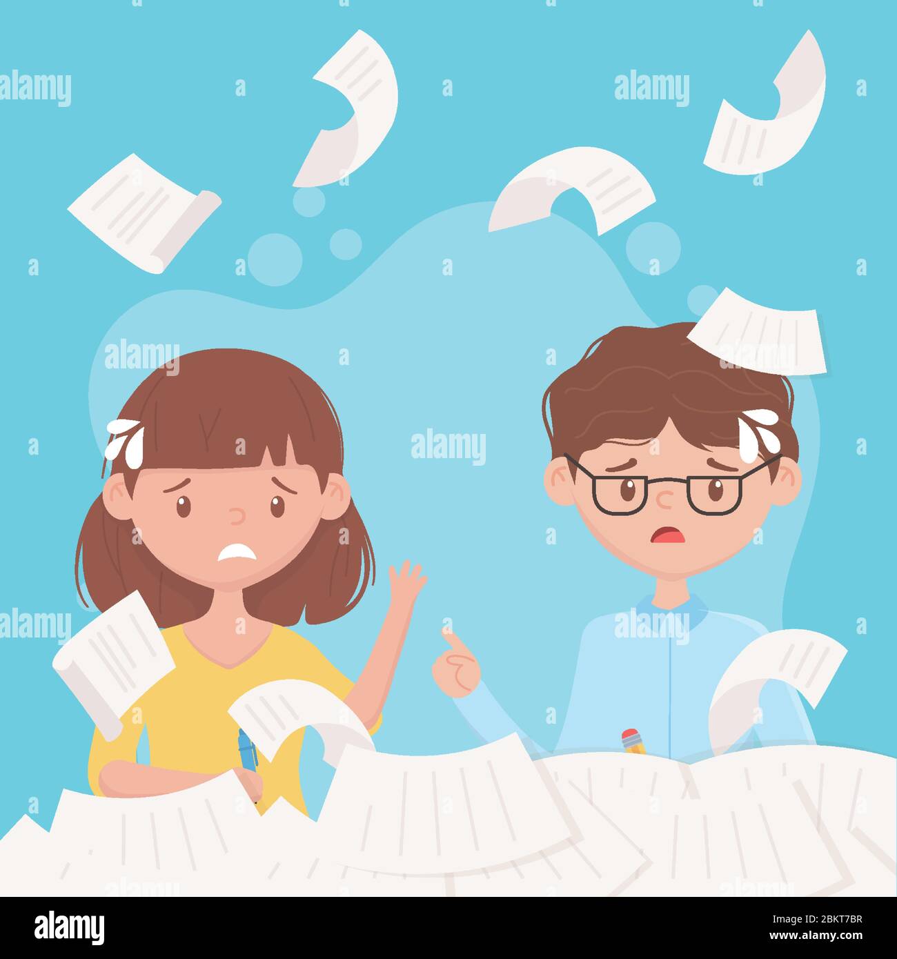 stress at work, falling papers worried employees working vector ...