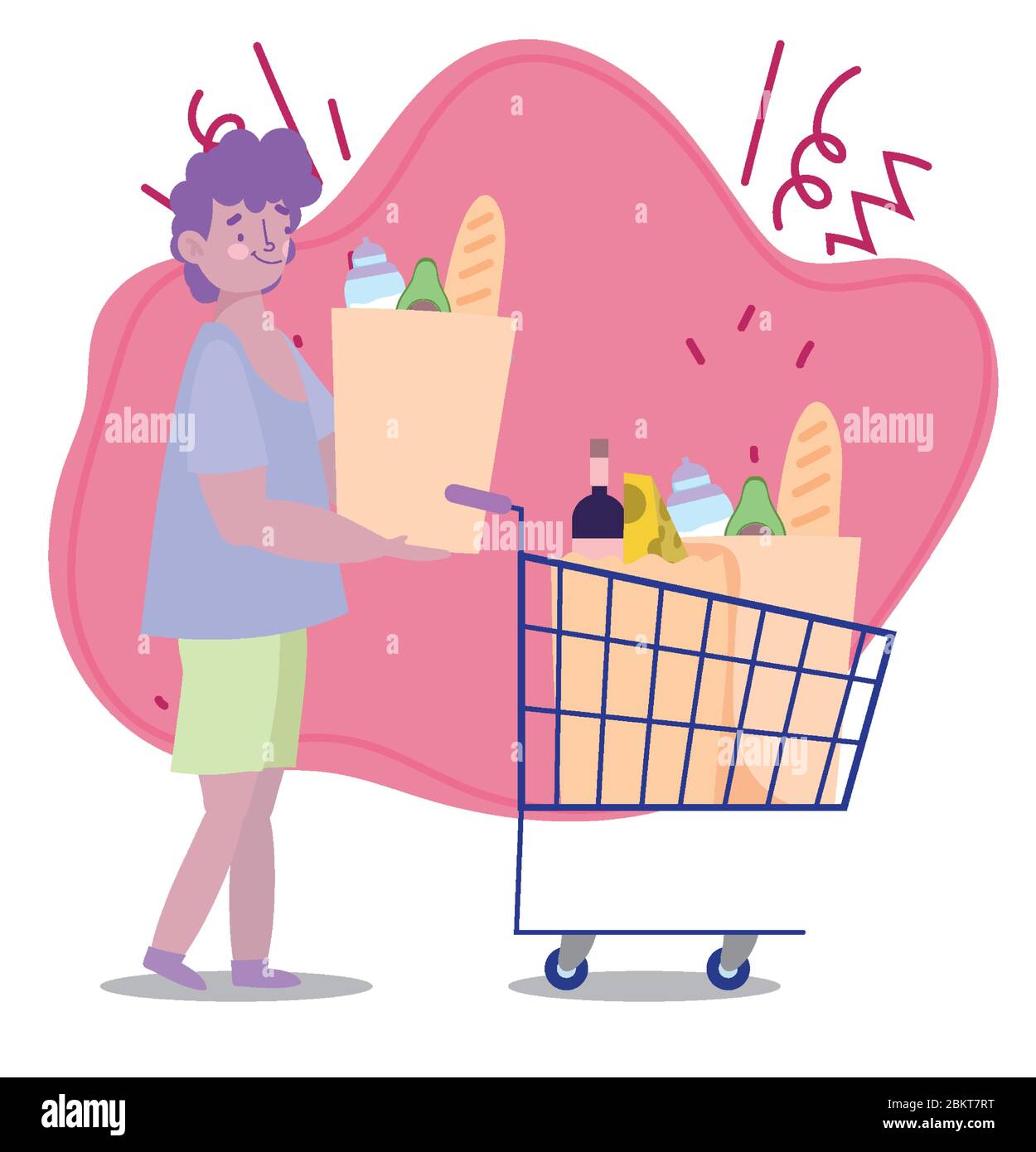 people hoarding purchase, young man with shopping cart and bag with ...