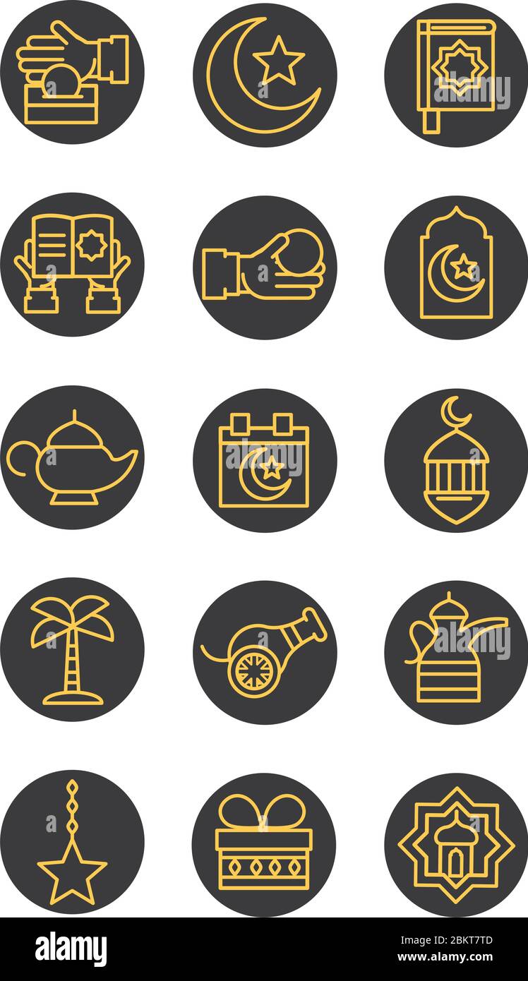 eid mubarak islamic religious celebration traditional icons set vector ...