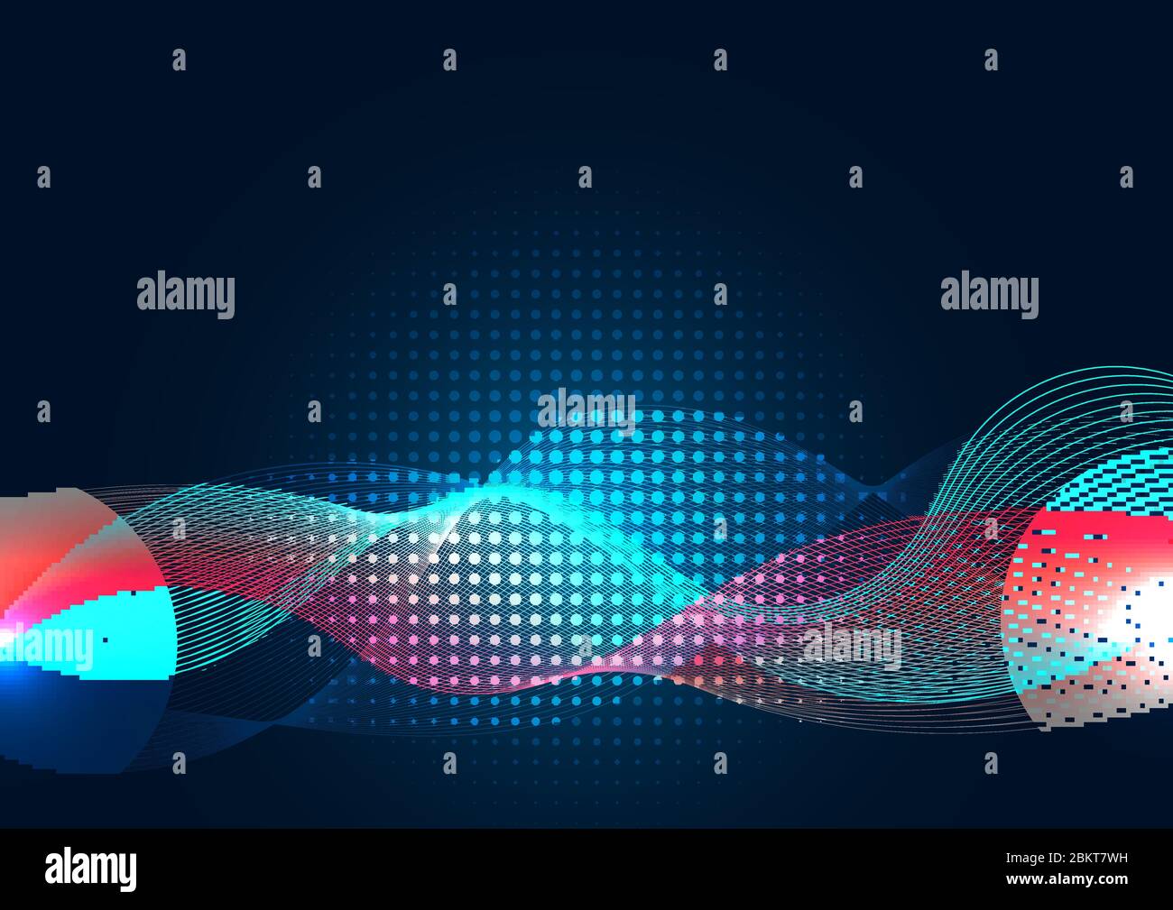 Abstract blue wave line with halftone on dark background. Technology ...