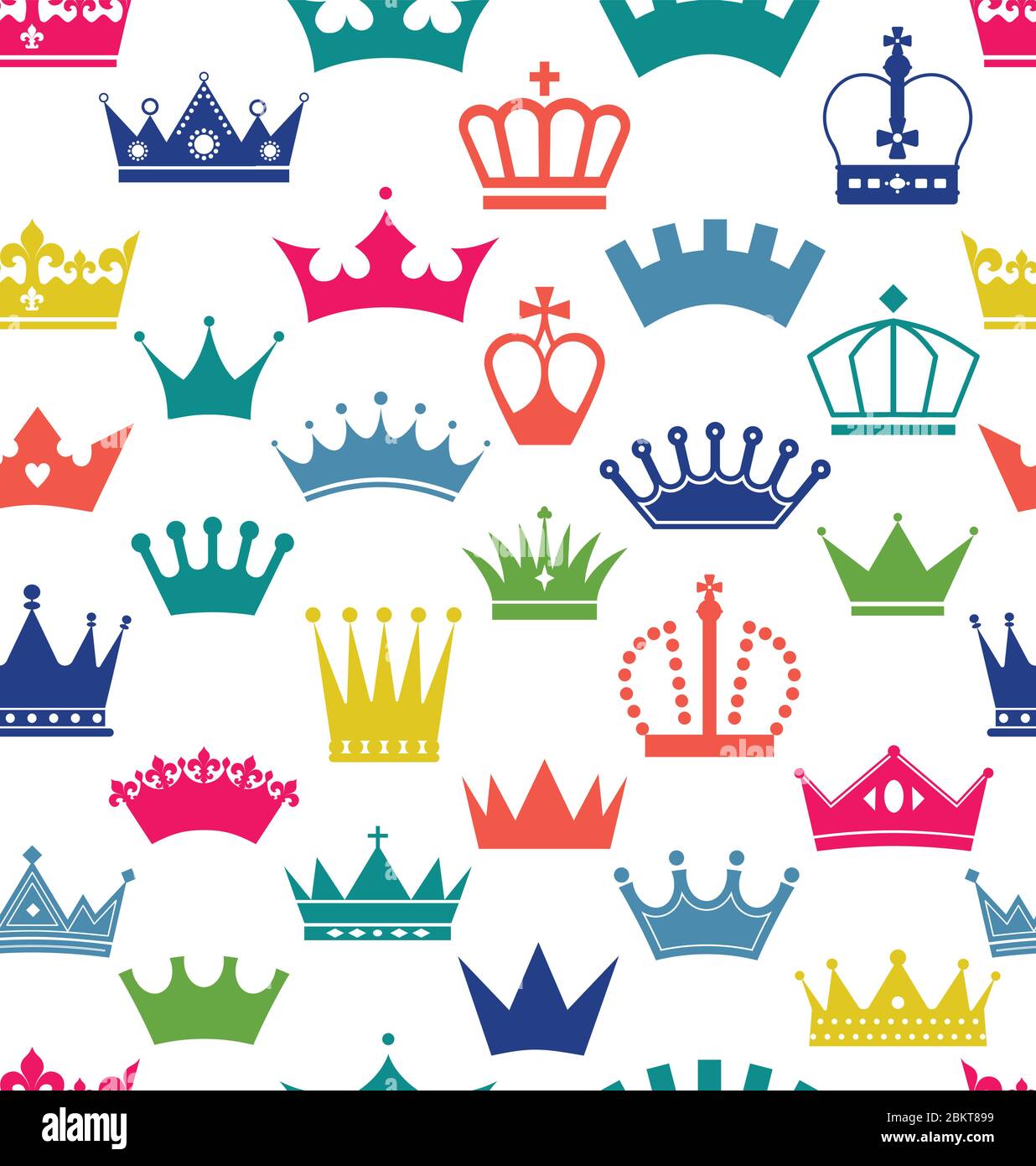Retro seamless pattern of colors crowns on white background. Surface ...