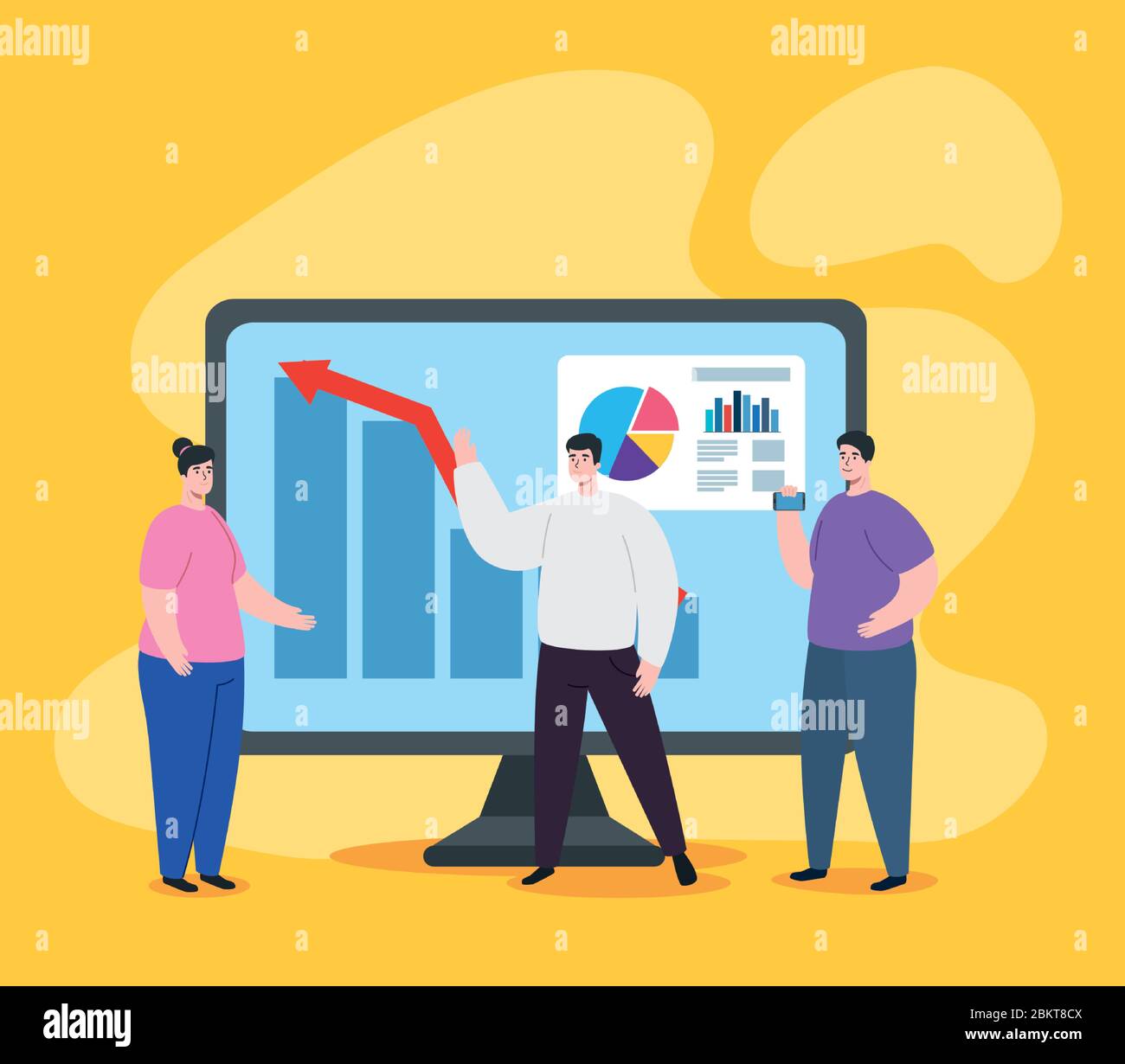 people with infographic of financial recovery in computer Stock Vector ...