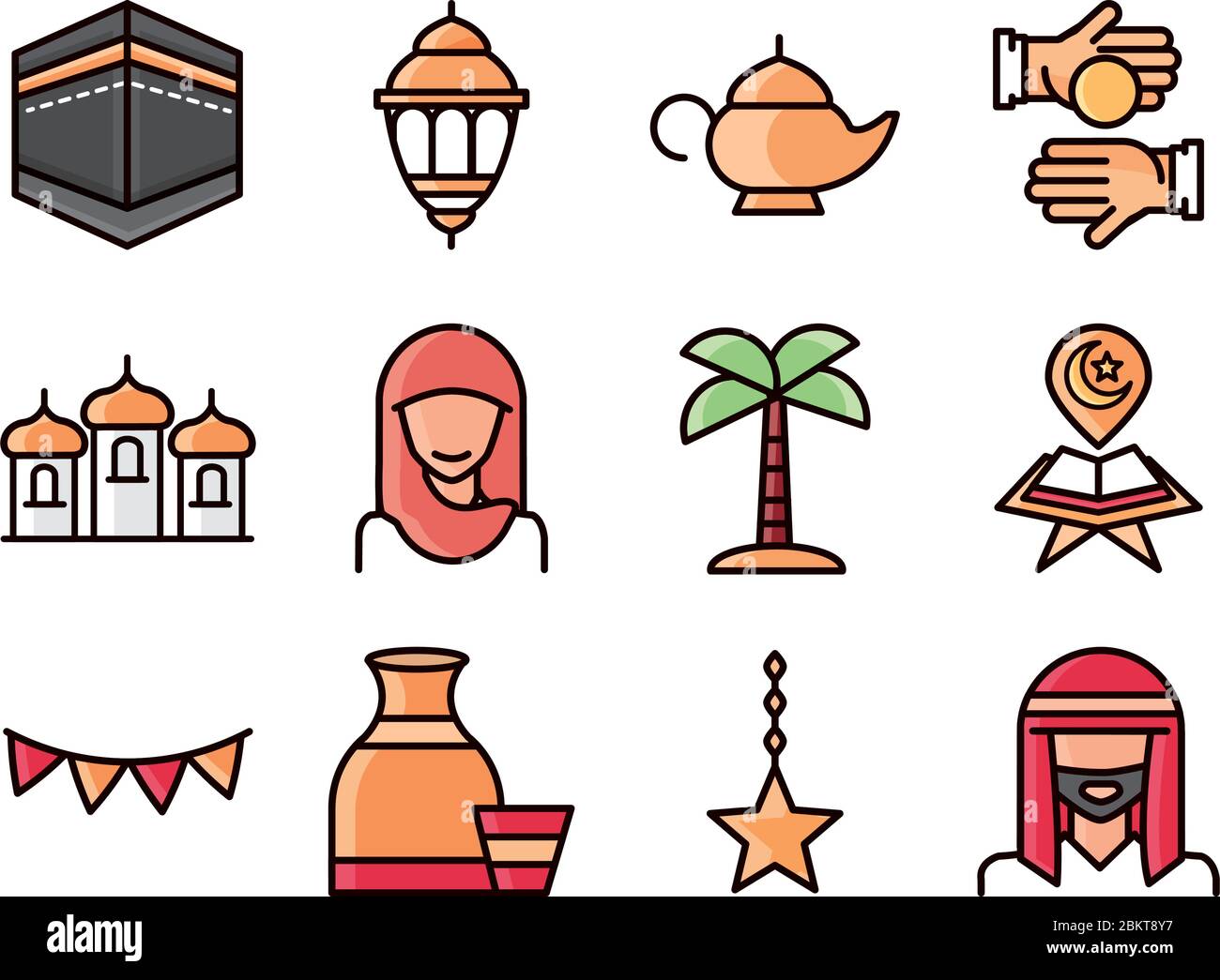 eid mubarak islamic religious celebration traditional icons set vector ...