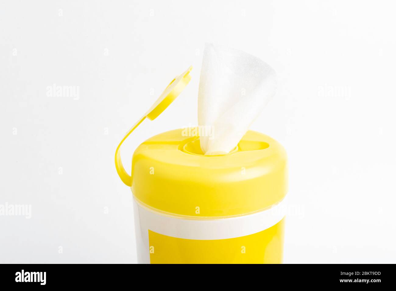 A close-up shot of an open yellow push top cap of a disinfectant wet ...