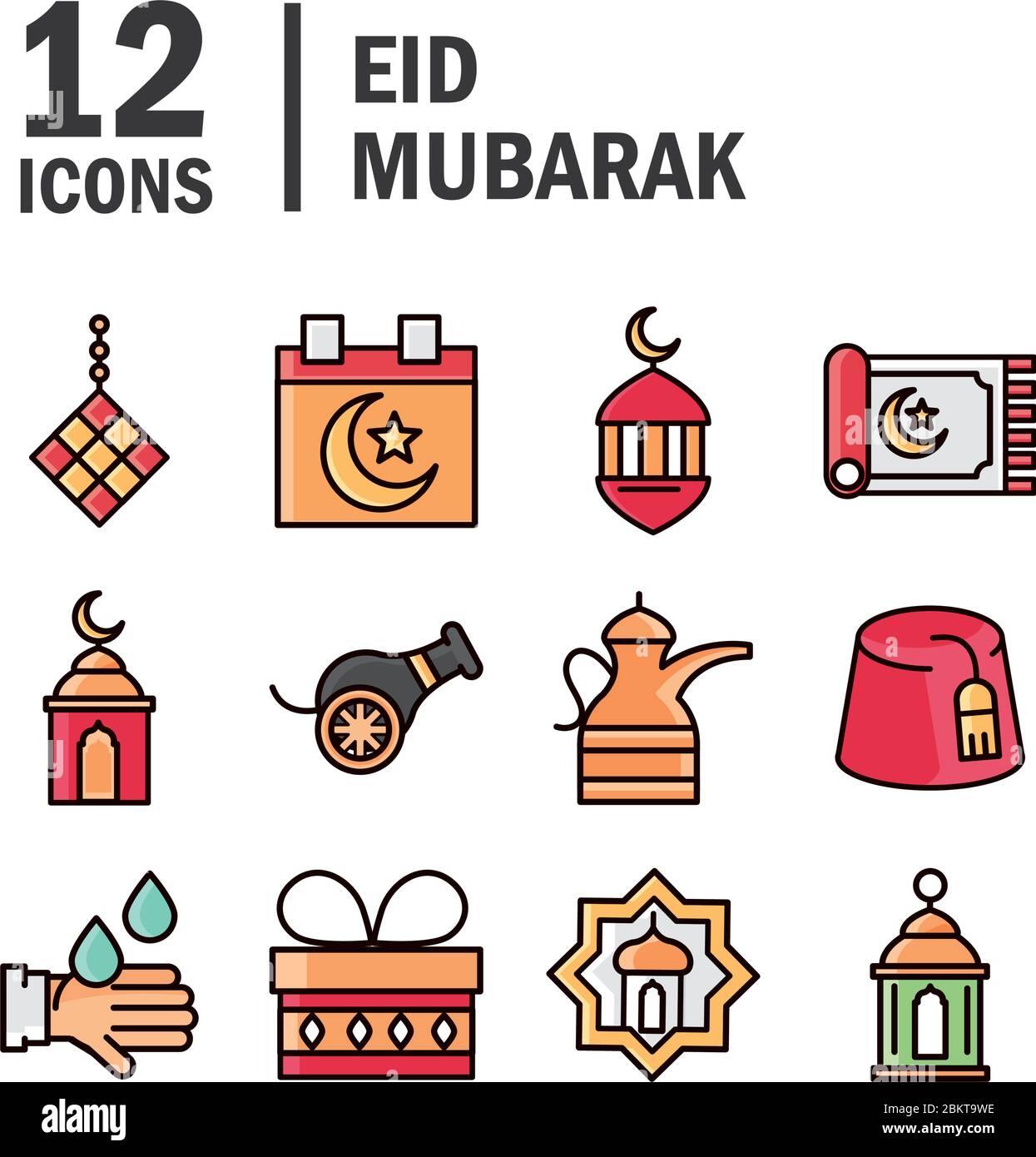 eid mubarak islamic religious celebration traditional icons set vector ...