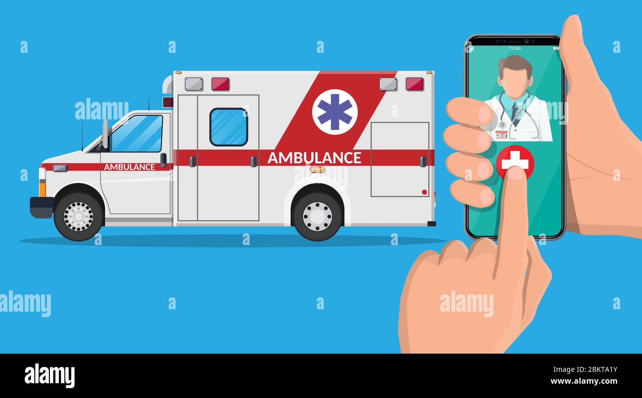 Call ambulance car via mobile phone. Emergency clinic vehicle. Smartphone with doctor and ...