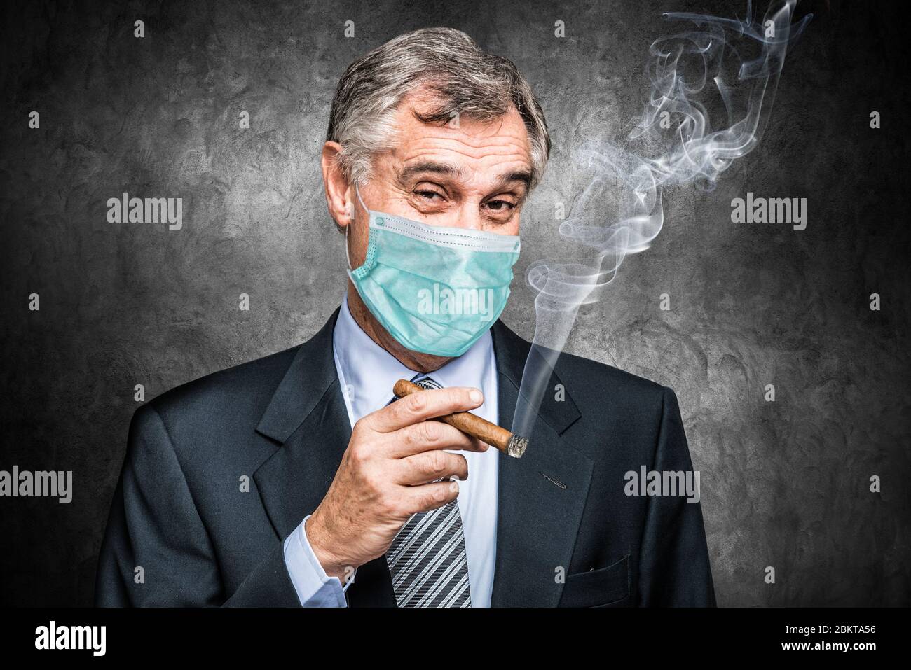 Masked businessman smoking a cigar, success concept during corinavirus ...
