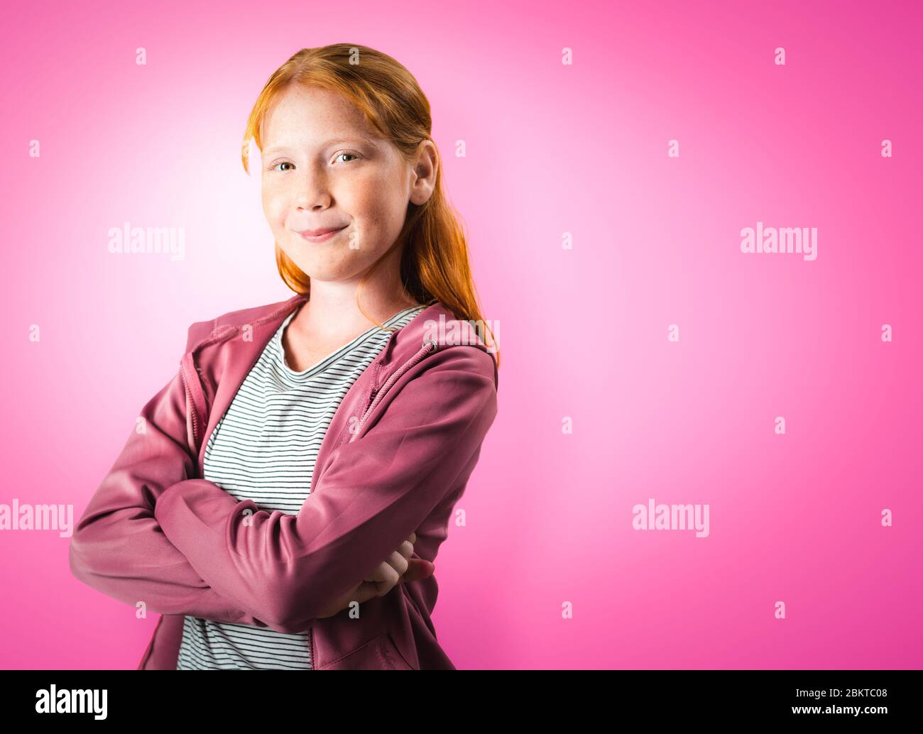 Portrait Young Confident White Schoolgirl Over Pink Studio Background ...