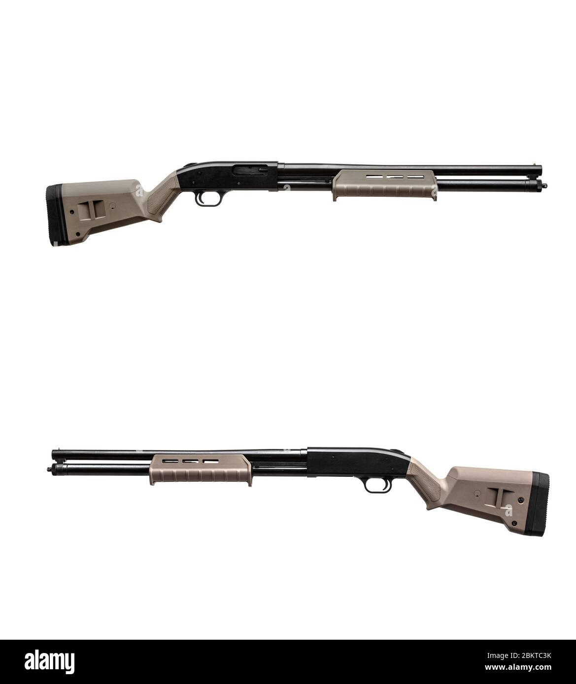 Modern pump-action shotgun with a plastic butt and fore-end isolate on ...