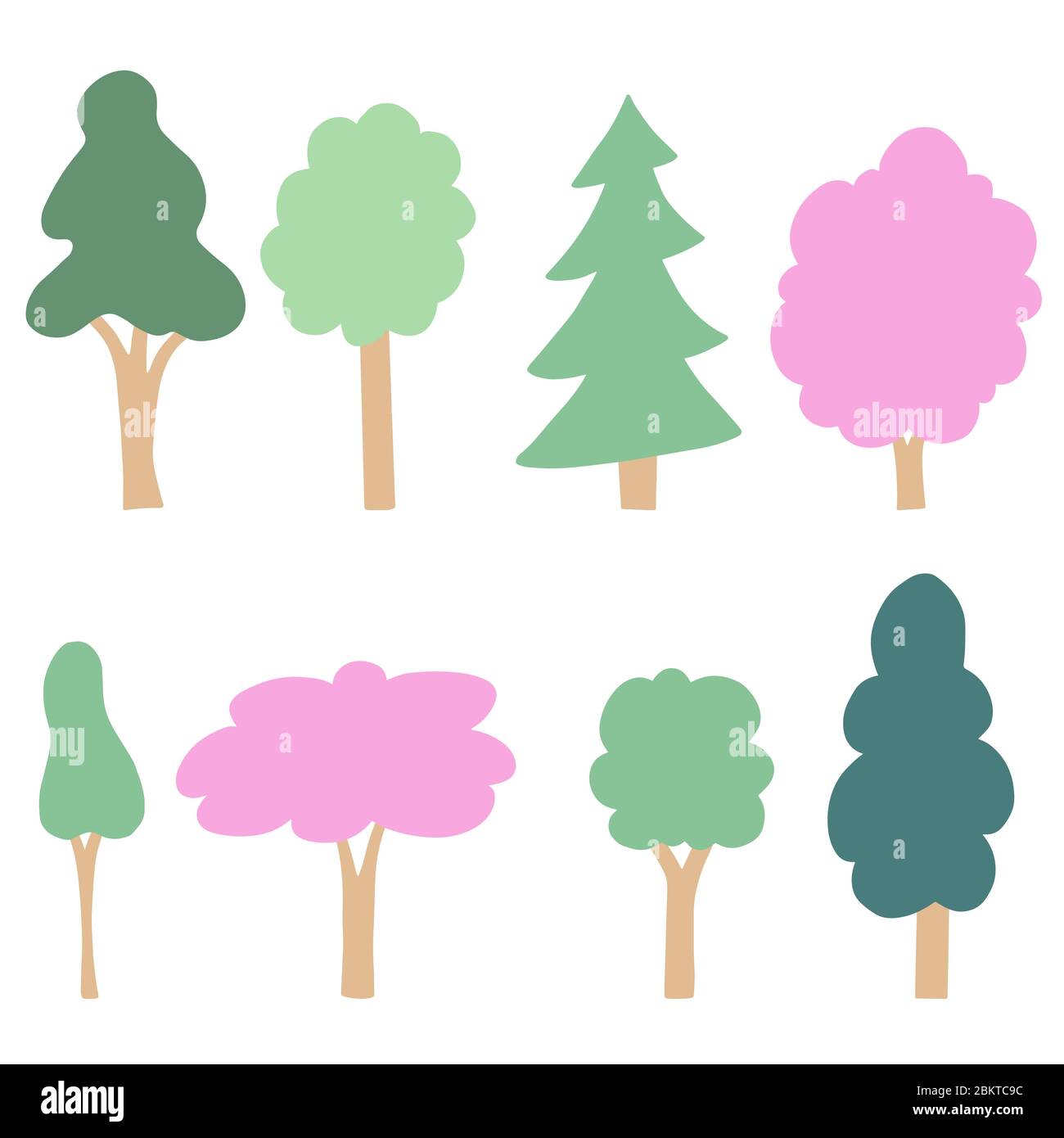 Set of cartoon tree with hand drawn elements isolated. Nature flat tree ...