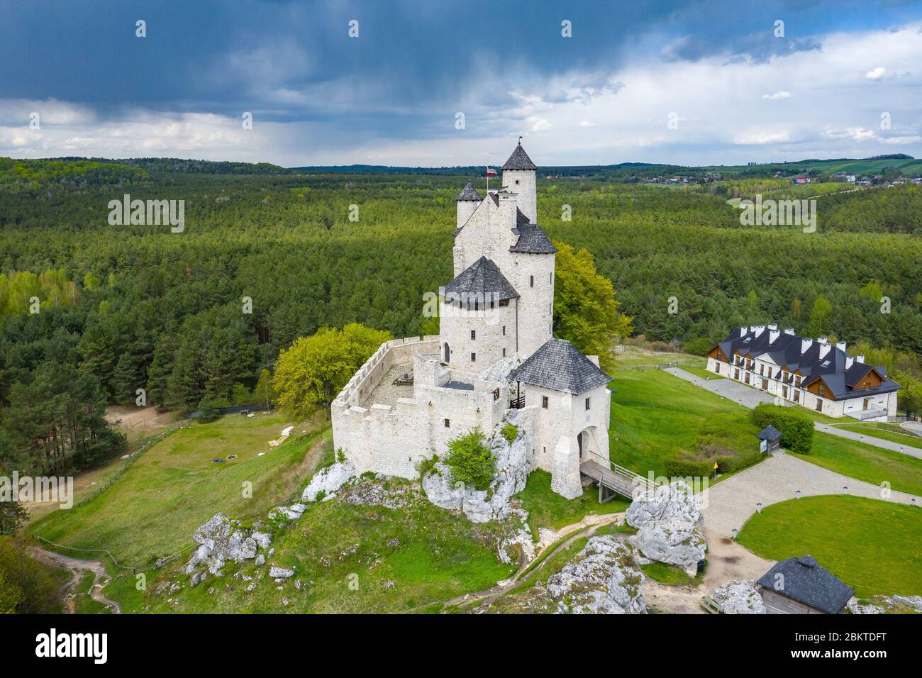 BOBOLICE, POLAND - MAY 05, 2020: Aerial view of Castle Bobolice, one of ...