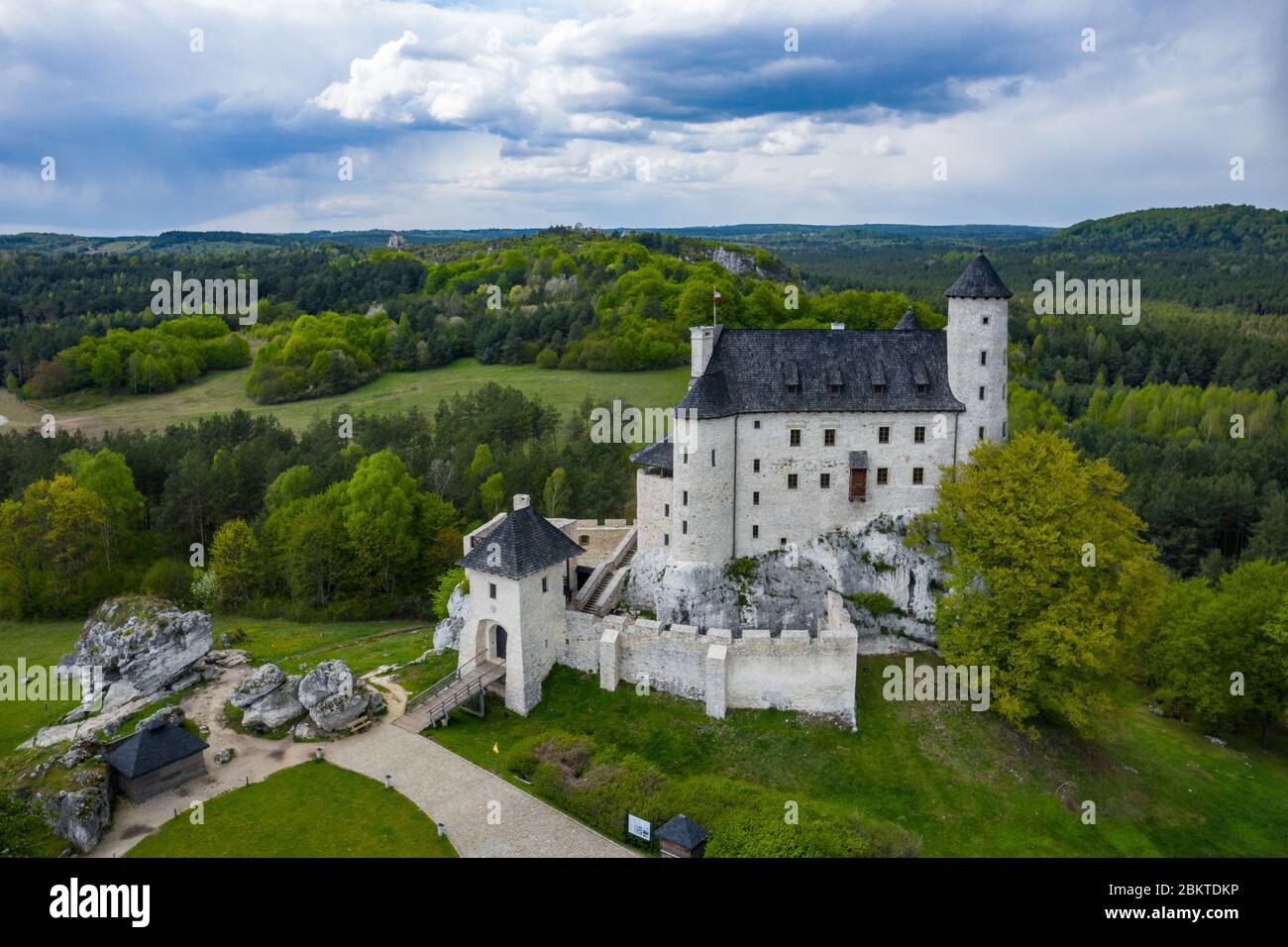 BOBOLICE, POLAND - MAY 05, 2020: Aerial view of Castle Bobolice, one of ...