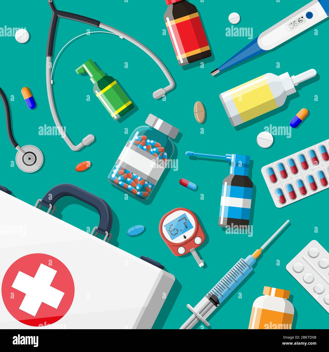 Medical first aid kit with different pills and medical devices. Medical ...