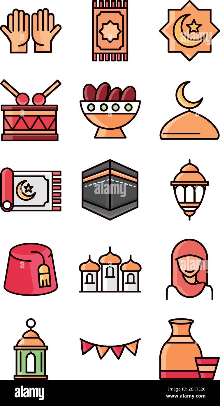 eid mubarak islamic religious celebration traditional icons set vector ...