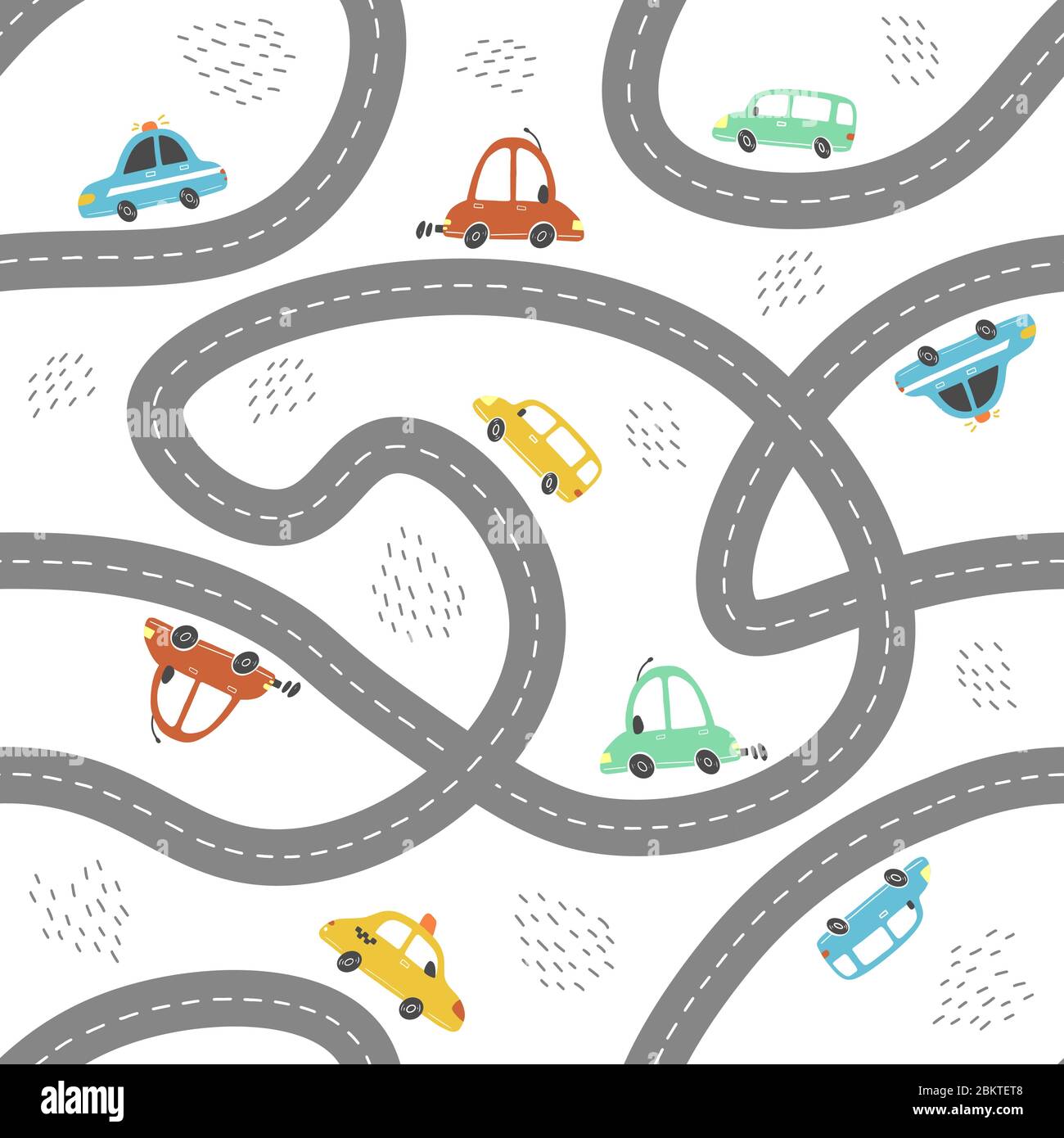 Seamless pattern of childish cartoon town, city map with road and cars for fabric, wallpaper ...
