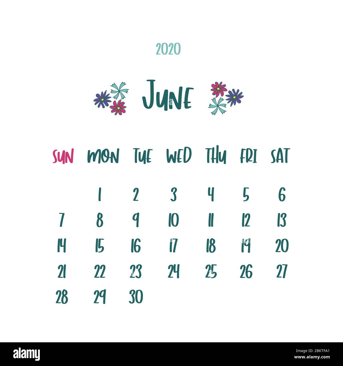 Calendar for june month 2020 with flowers. Vector illustration on a ...