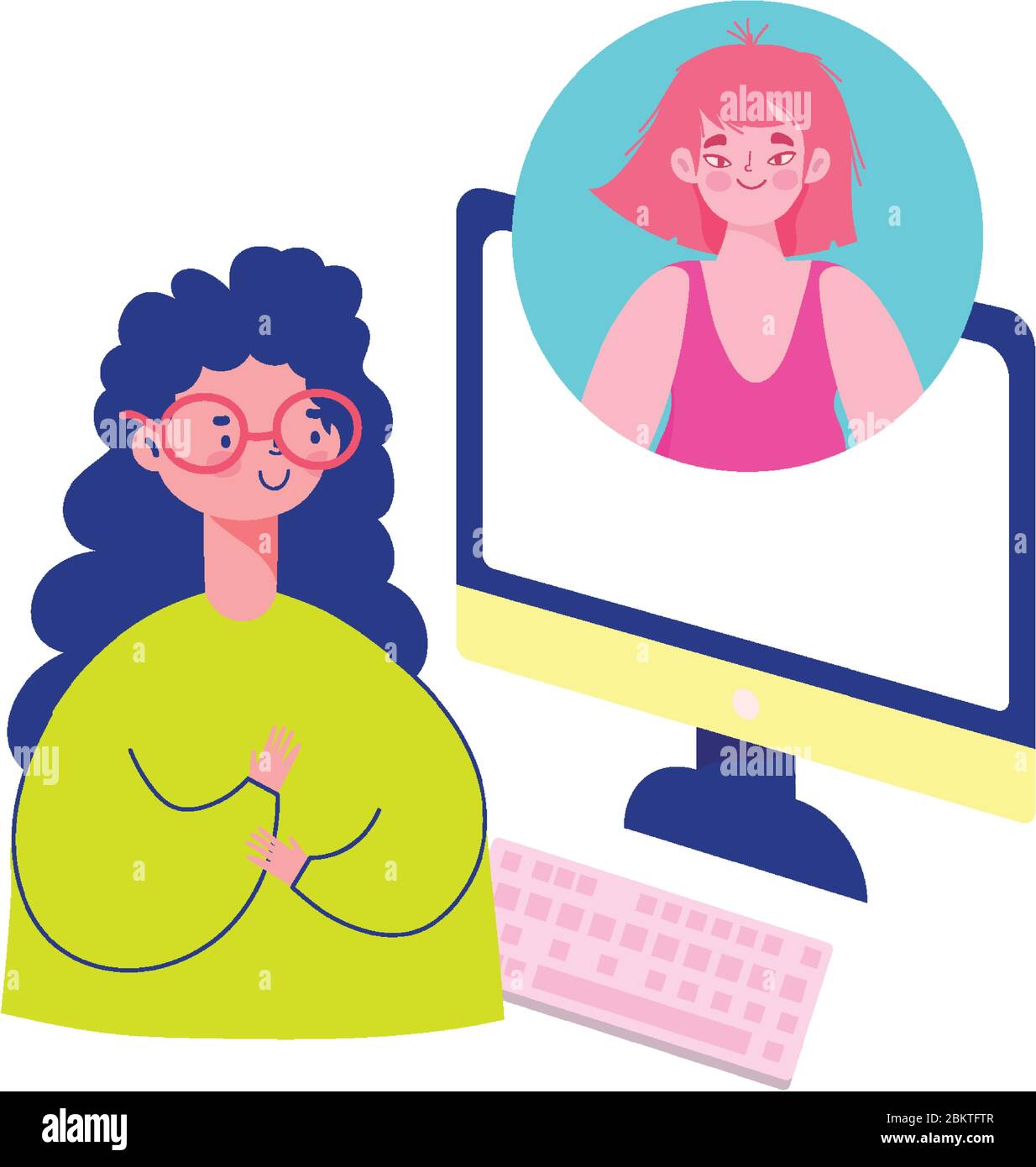 meeting online, girls talking computer device virtual vector ...