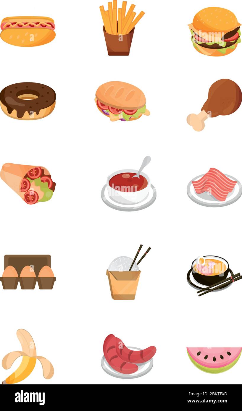 food menu restaurant snack ingredient flat style icons set vector ...