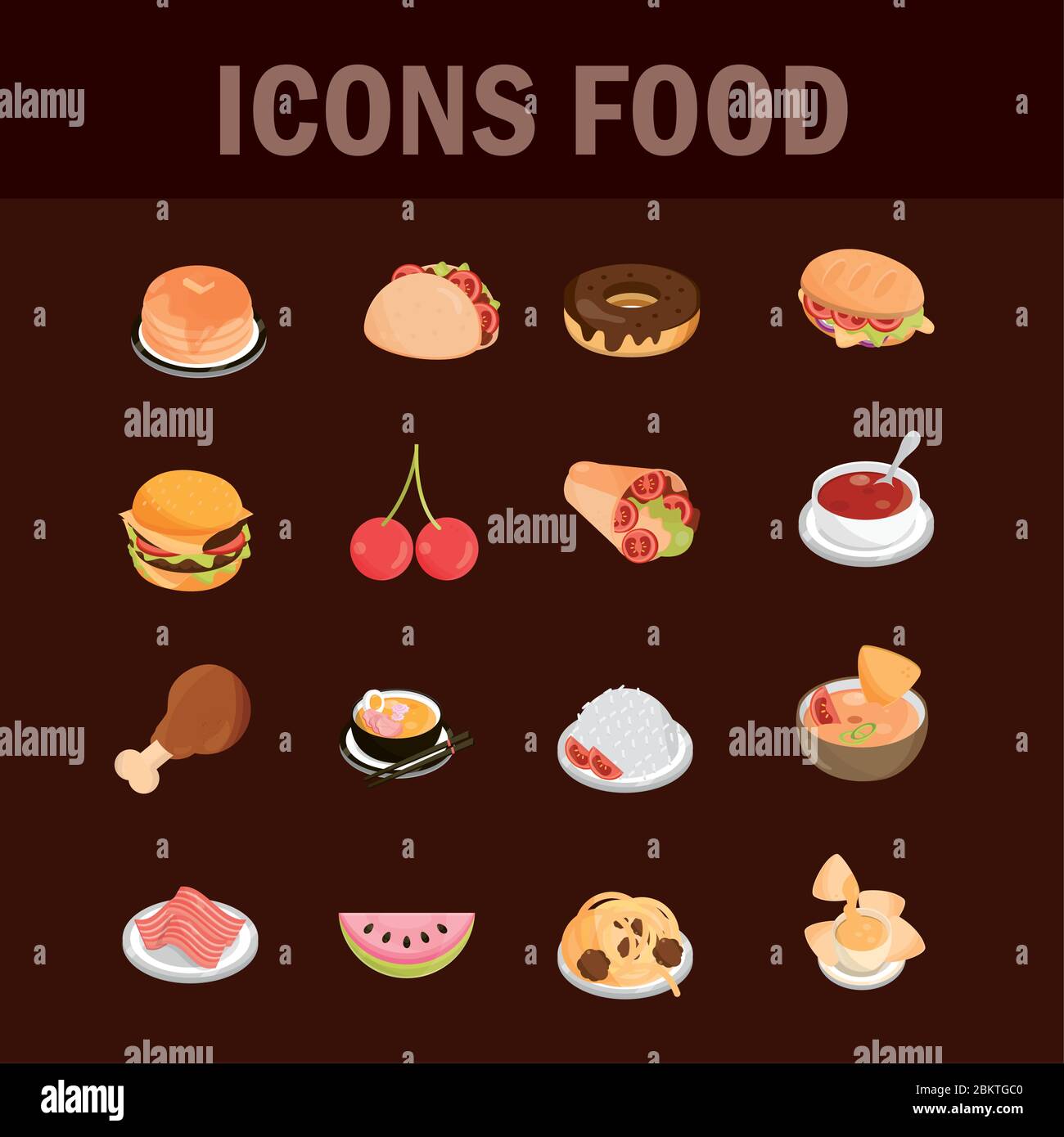 food menu restaurant snack ingredient flat style icons set vector ...