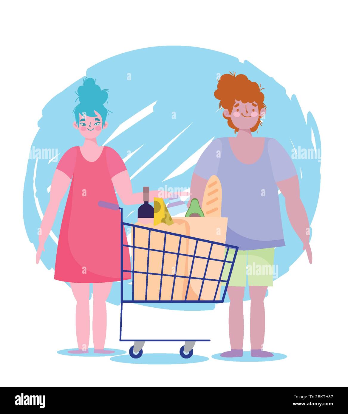 people hoarding purchase, couple characters with shopping cart and bag ...