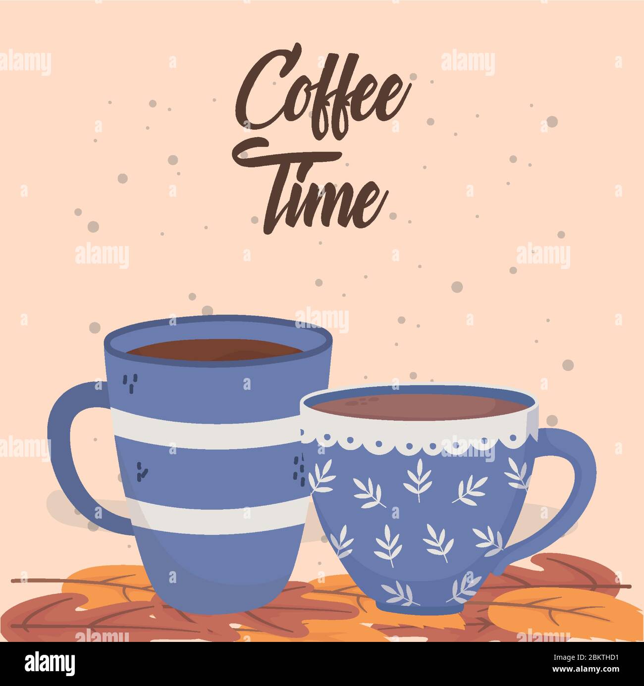 coffee time, cups on leaves fresh aroma beverage vector illustration ...