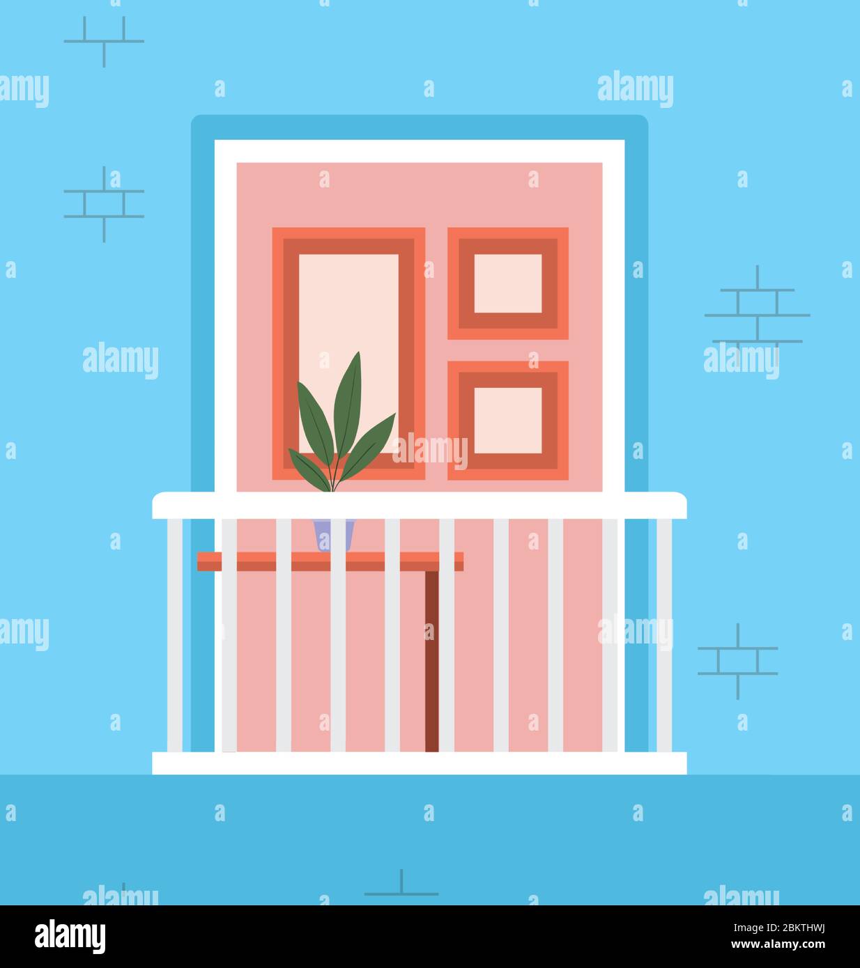 window with balcony from outside with view into the blue house vector ...