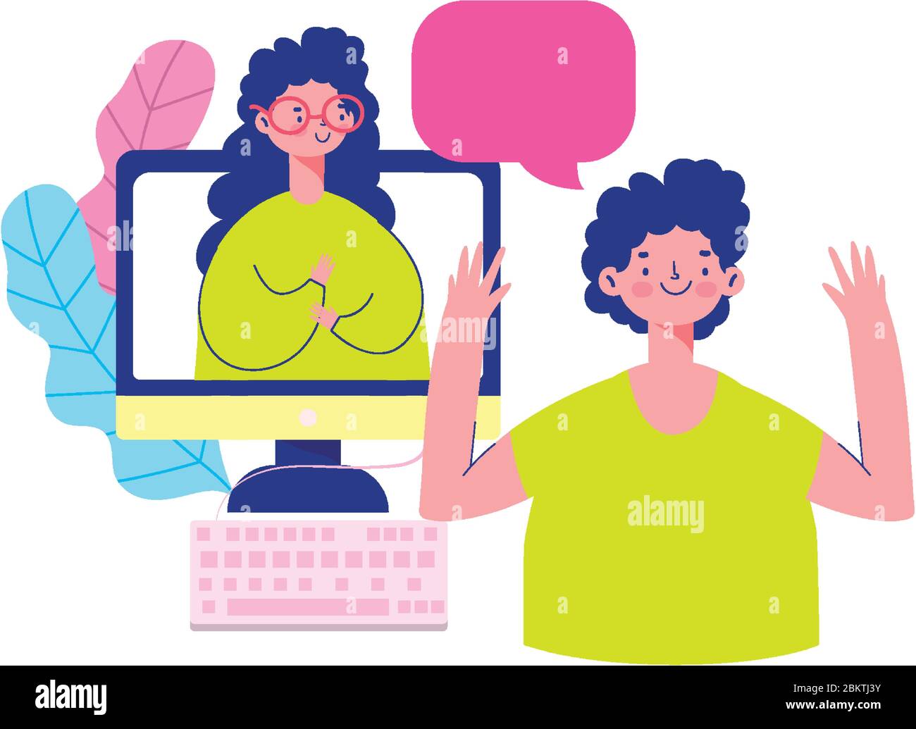 education online, students boy and girl computer talking vector ...