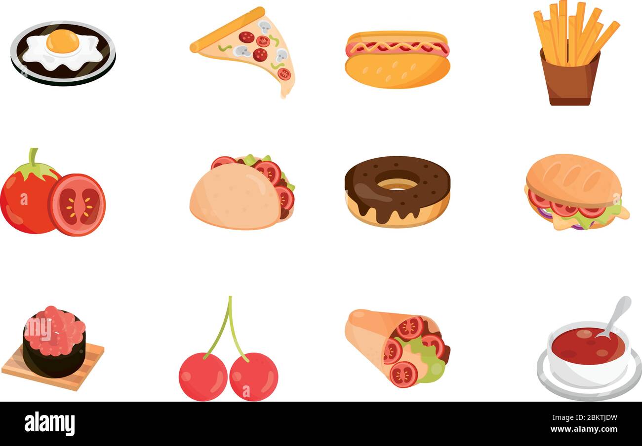 food menu restaurant snack ingredient flat style icons set vector ...