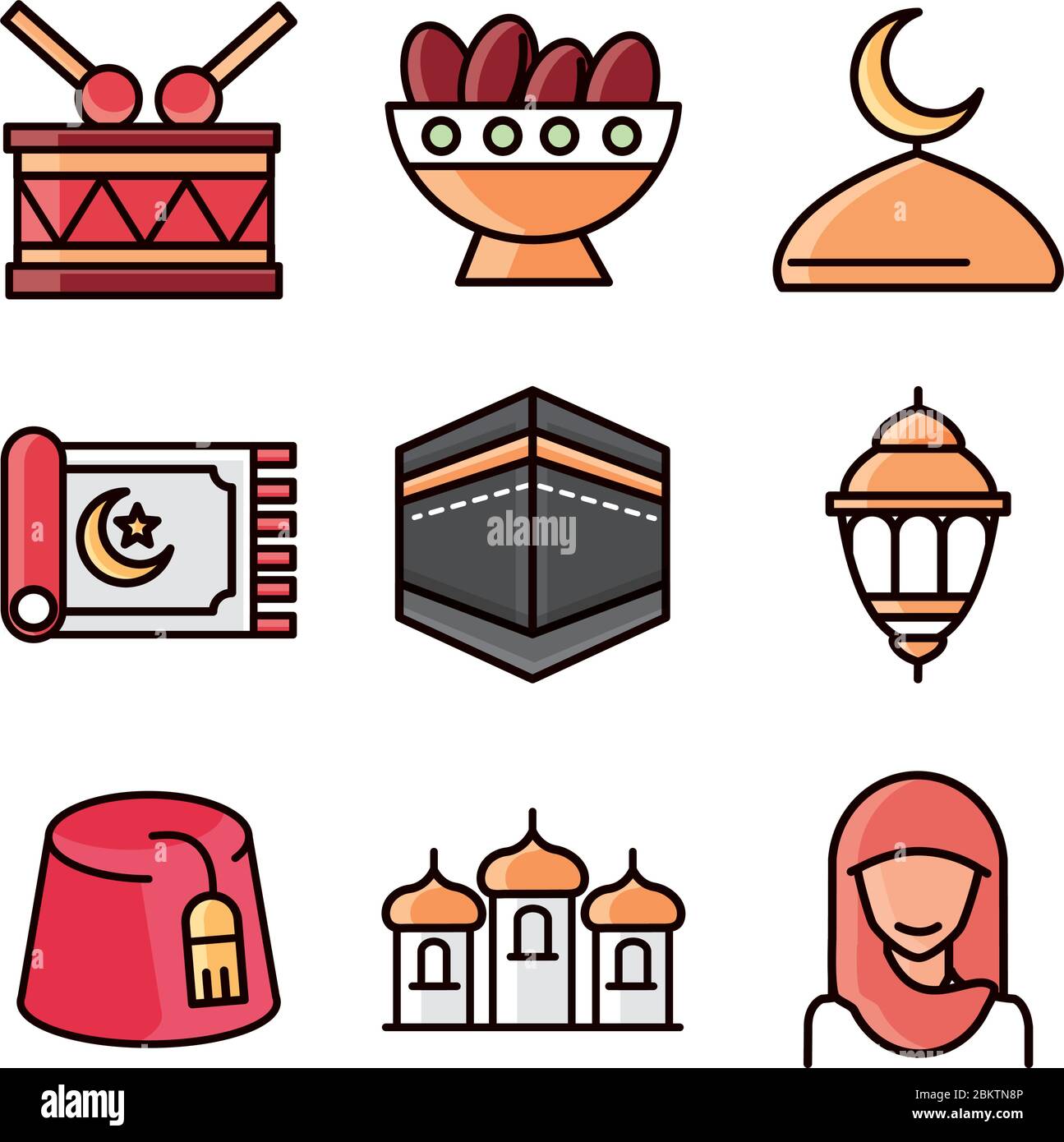 eid mubarak islamic religious celebration traditional icons set vector ...