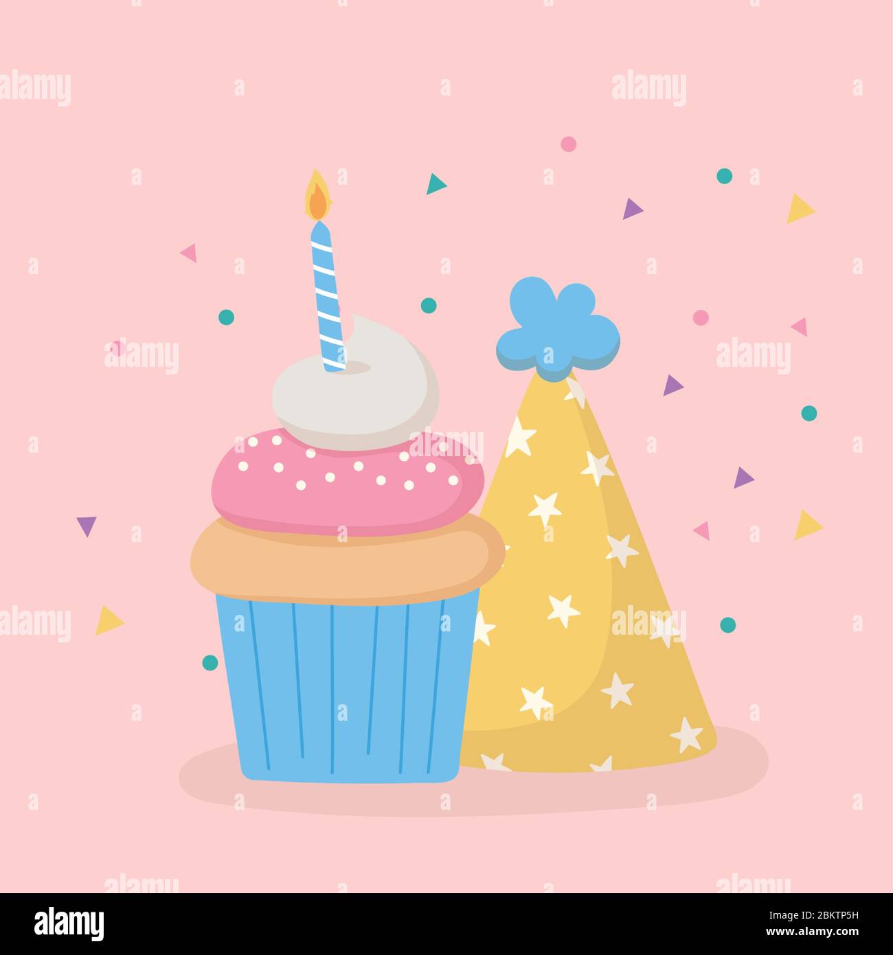 happy birthday, party hat sweet cupcake with candle celebration vector ...