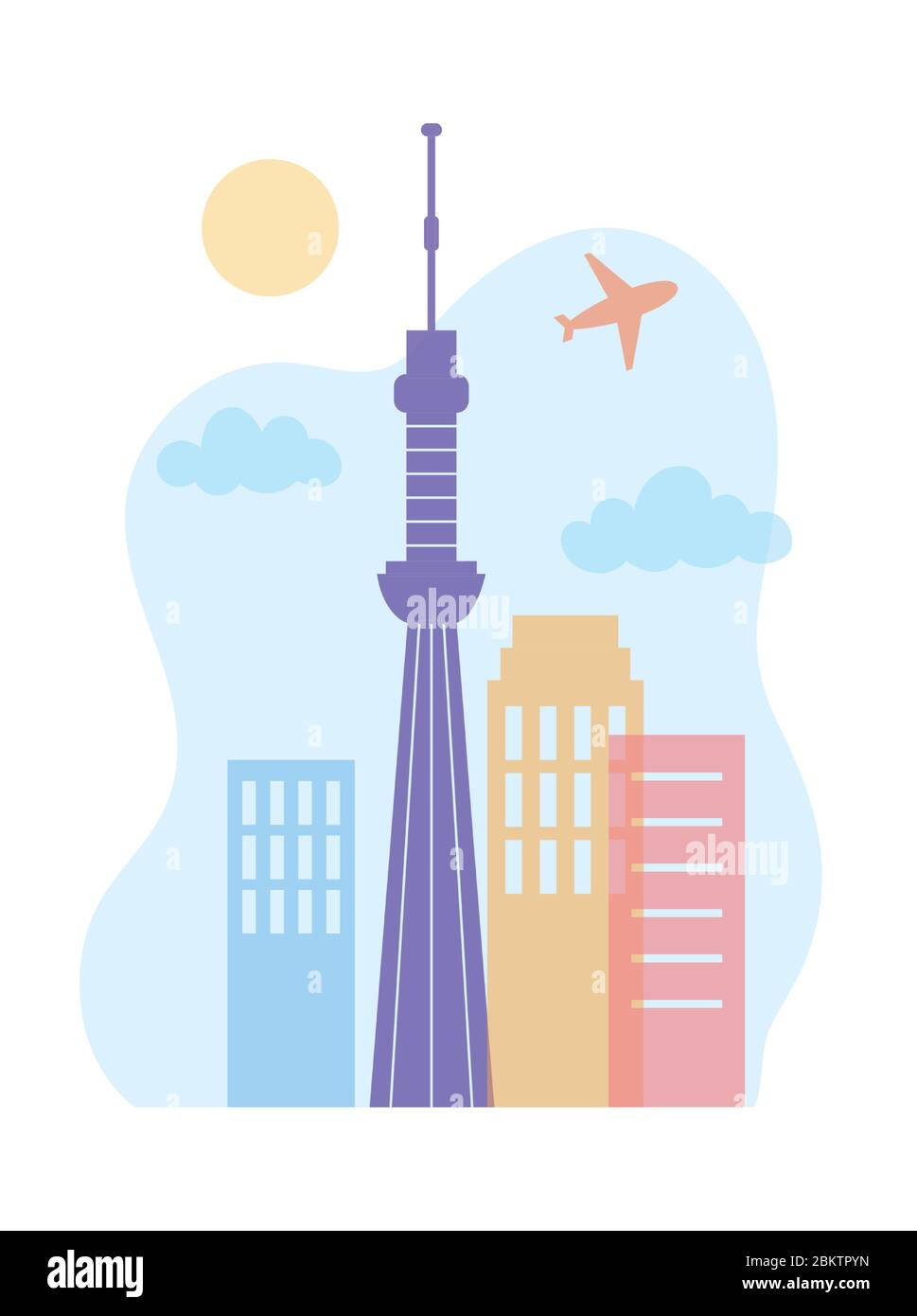 skyscraper with antenna building flying airplane skyline urban city ...