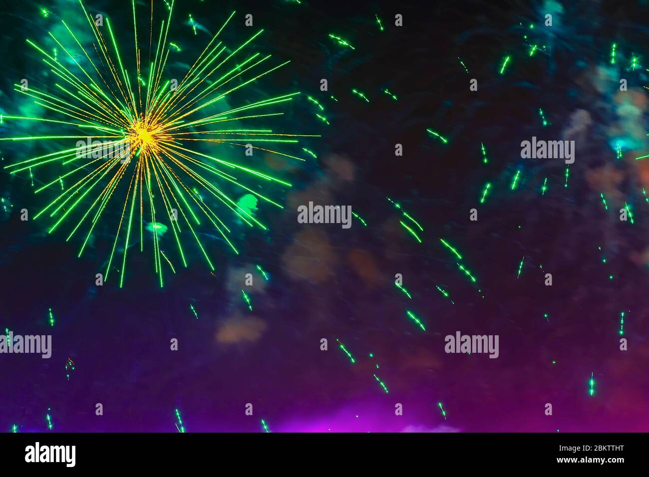 Holiday fireworks with sparks on dark sky as star, comet in universe ...