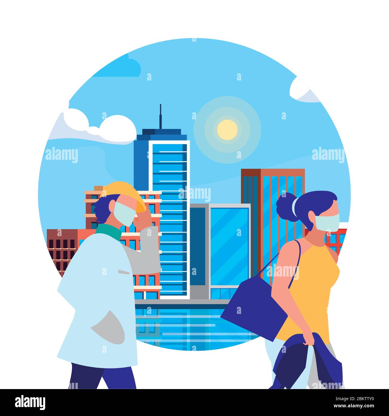 Couple Walking In The City Wearing Face Mask Vector Illustration Design