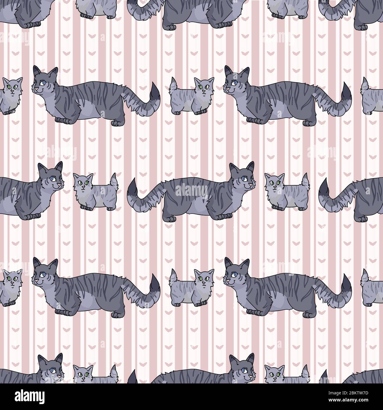 Cute cartoon munchkin cat and kitten seamless vector pattern. Pedigree kitty breed domestic cat ...