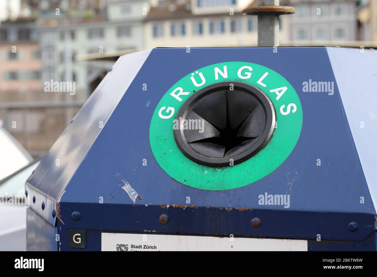 Glass waste recycling bin in downtown Zürich, Switzerland, March 2020 ...
