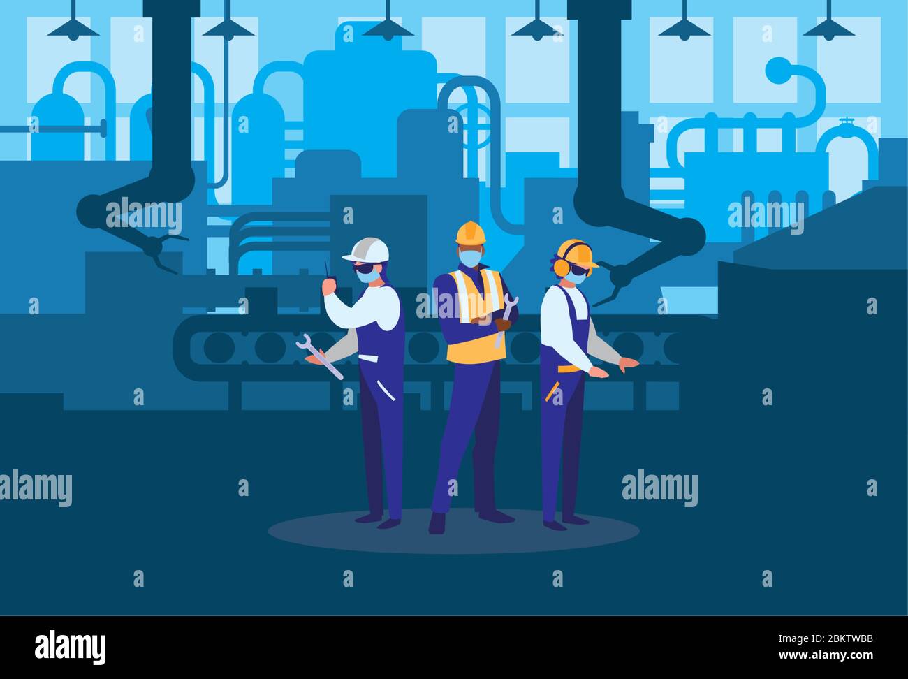 industrial workers men working with face mask vector illustration ...